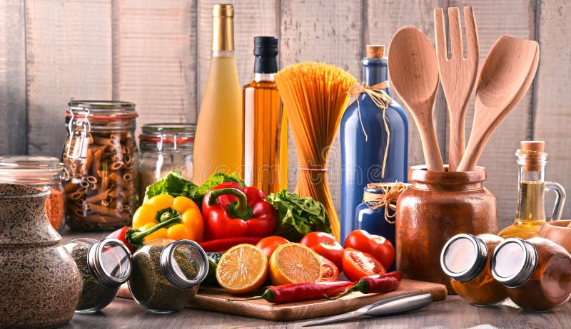 Composition with Assorted Food Products and Kitchen Utensils Stock ...