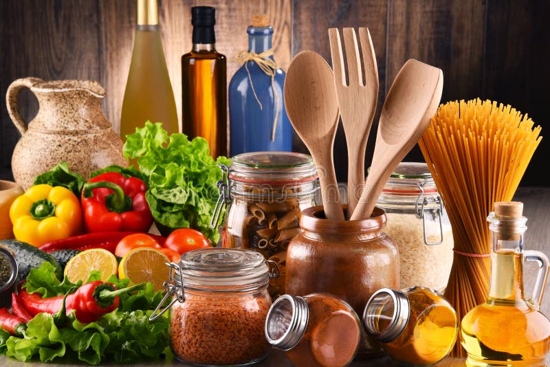 Composition with Assorted Food Products and Kitchen Utensils Stock ...