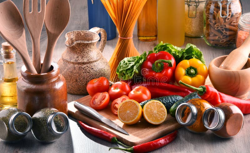 Composition with Assorted Food Products and Kitchen Utensils Stock ...