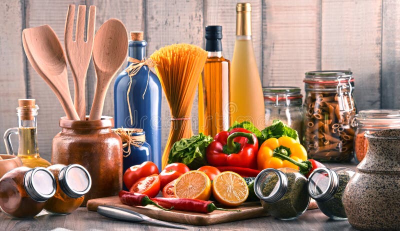 Composition with Assorted Food Products and Kitchen Utensils Stock ...