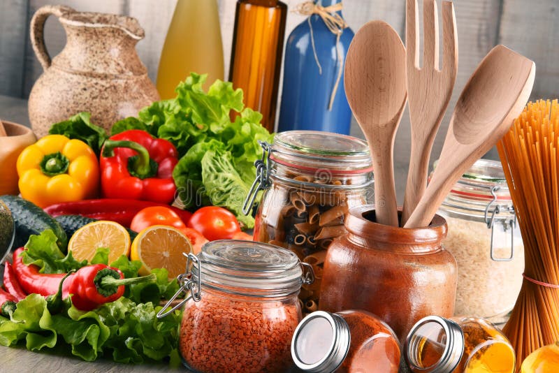 Composition with Assorted Food Products and Kitchen Utensils Stock ...