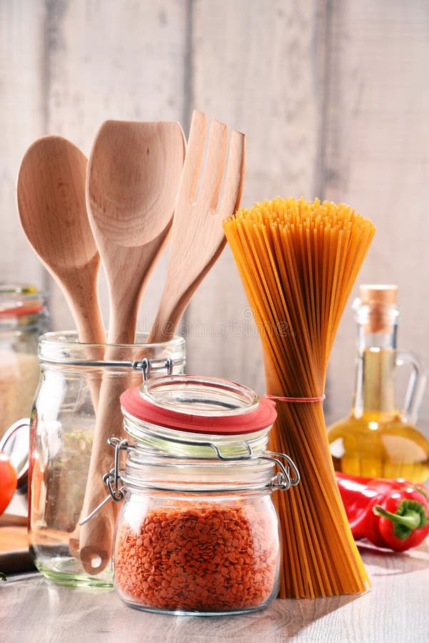 Composition with Assorted Food Products and Kitchen Utensils Stock ...
