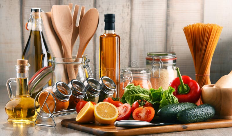 Composition with Assorted Food Products and Kitchen Utensils Stock ...