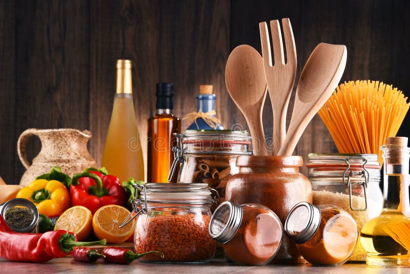 Composition with Assorted Food Products and Kitchen Utensils Stock ...