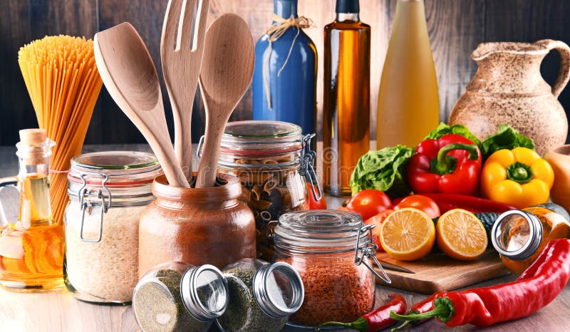 Composition with Assorted Food Products and Kitchen Utensils Stock ...