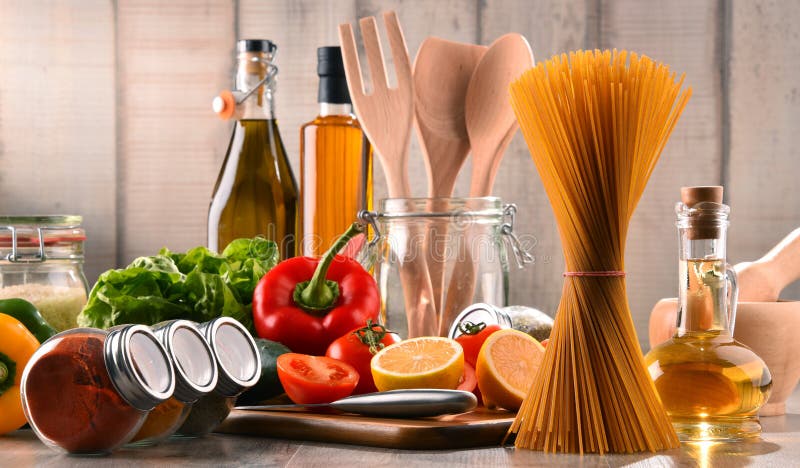 Composition with Assorted Food Products and Kitchen Utensils Stock ...