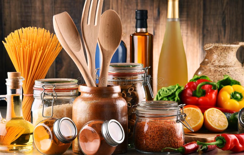 Composition with Assorted Food Products and Kitchen Utensils Stock ...