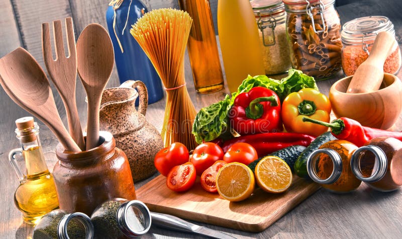 Composition with Assorted Food Products and Kitchen Utensils Stock ...