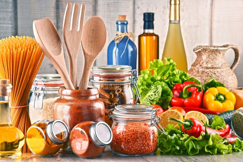 Composition with Assorted Food Products and Kitchen Utensils Stock ...
