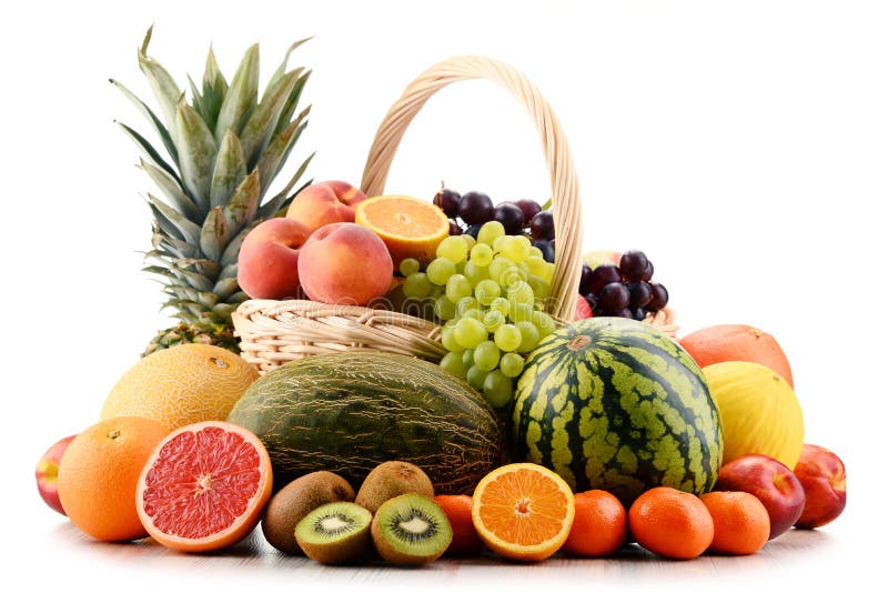 Assorted Fruits in Wicker Basket on White Stock Photo - Image of ...