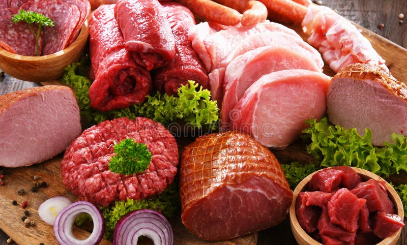 Composition with Assorted Meat Products Stock Photo - Image of uncooked ...
