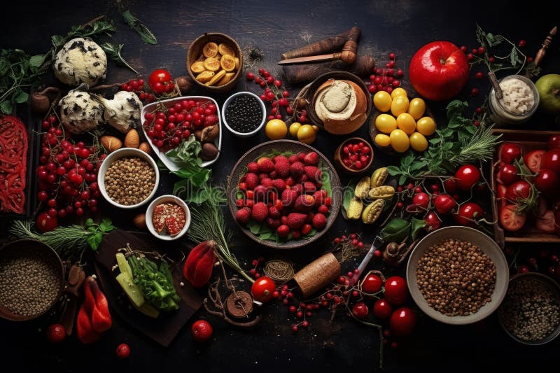 Composition with Assorted Organic Food Products on the Table. Top View ...