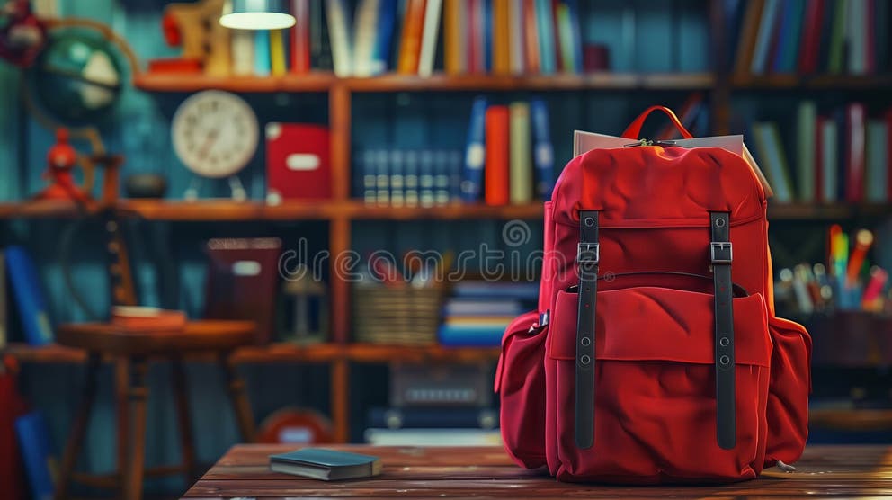 Composition Back To School. Red School Backpack on a Table in a School ...