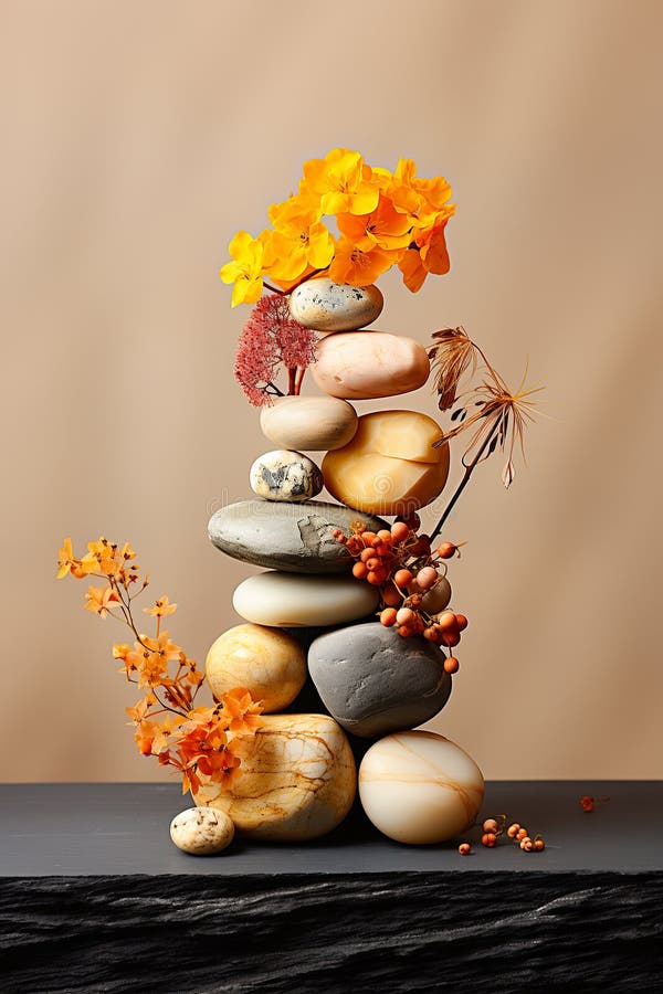 Composition of Balancing Stones with Dried Flowers. Concept of Balance ...
