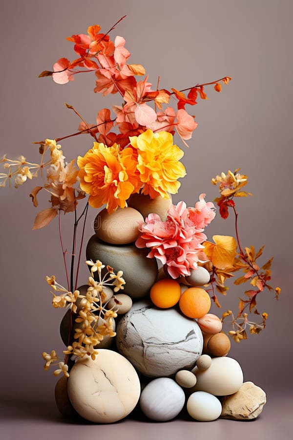 Composition of Balancing Stones with Dried Flowers. Concept of Balance ...