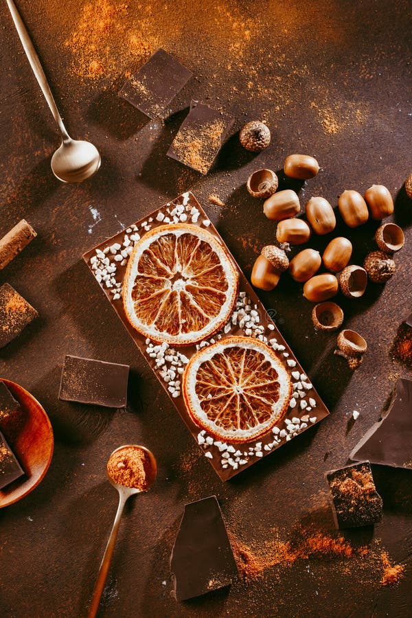 Composition of Bars and Pieces of Different Dark Chocolate with Orange ...