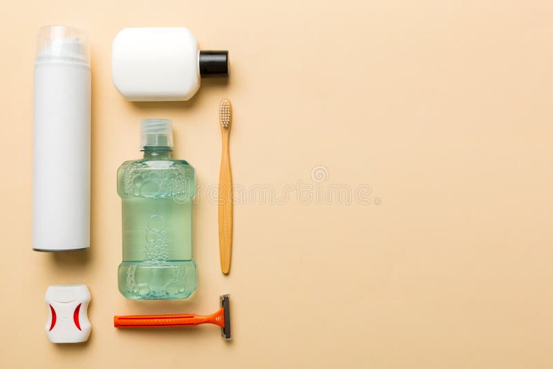 Composition with Bath Cosmetics on Table. Razor, Toothpaste, Soap, Gel ...