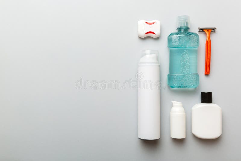 Composition with Bath Cosmetics on Table. Razor, Toothpaste, Soap, Gel ...