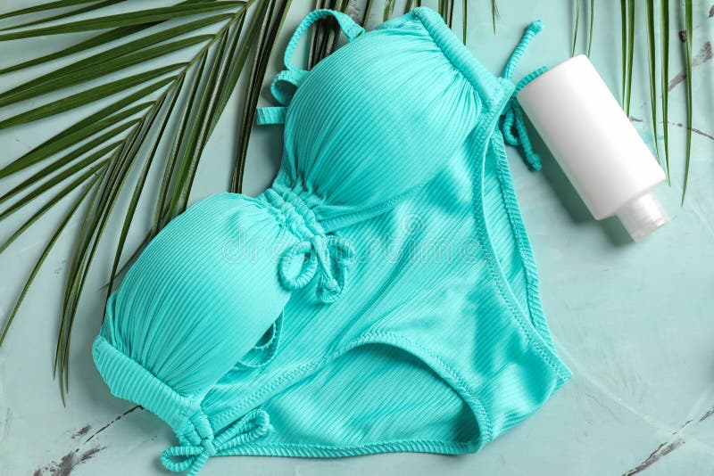 Composition with Beach Items and Tropical Leaves on Light Background ...