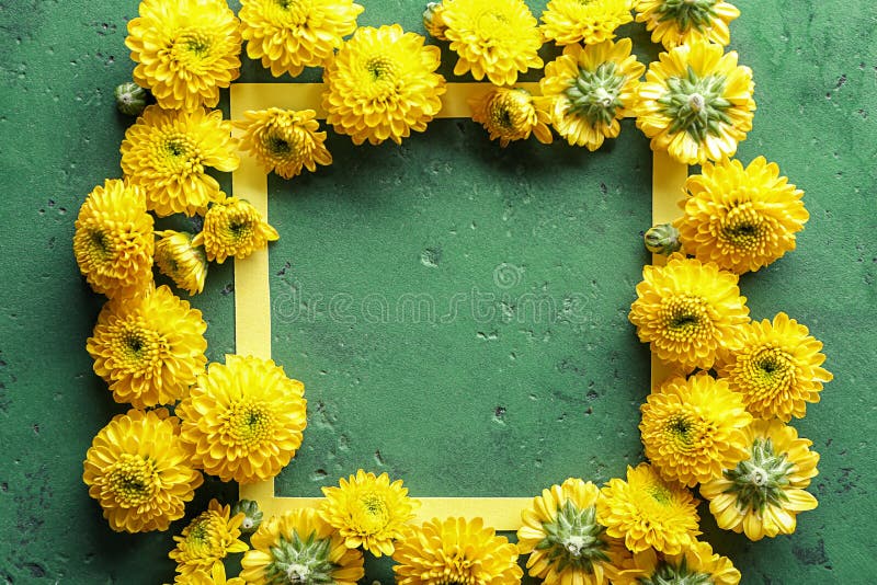 Composition with Beautiful Flowers and Frame on Color Table Stock Image ...