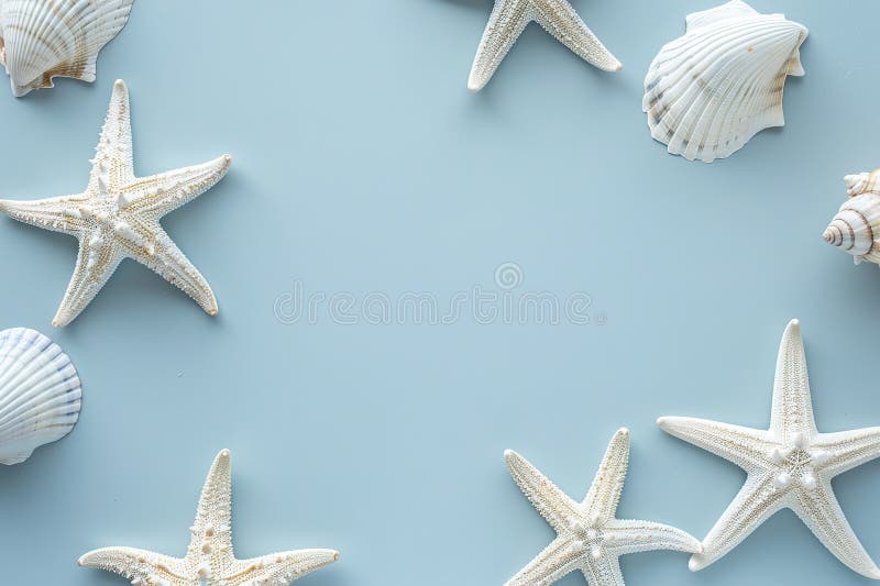 Beautiful Seashells and Starfish on the Sand with Copy Space Top View ...