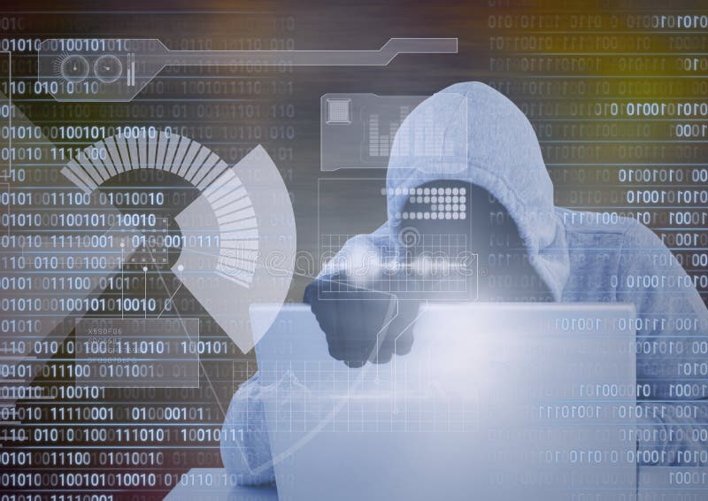 Hacker with Hood Holding a Credit Card and Using a Laptop in Frond of Wood Background with ...