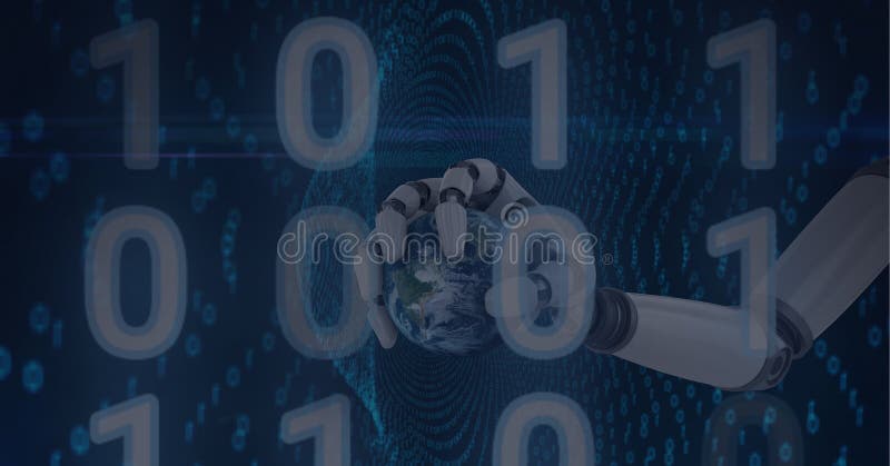 Composition of Binary Coding Data Processing Over Robot Holding Globe Stock Image - Image of ...