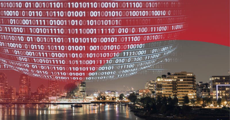 Composition of Binary Coding with Red Curved Banner Over Cityscape Stock Illustration ...
