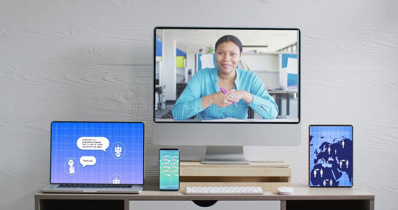 Composition of Biracial Woman on Computer Screen, Electronic Devices ...