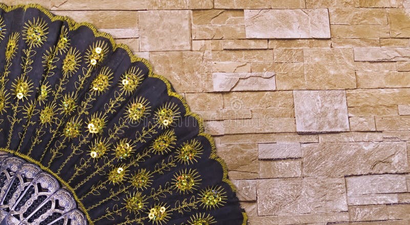 Composition of Black Silk Folding Fan with Gold Ornament on the ...