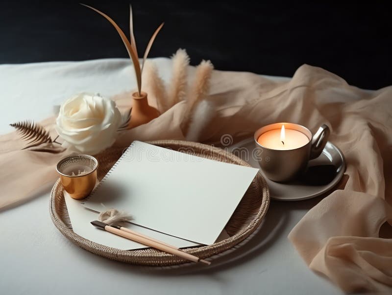 Composition with Blank Card, Candle and Wicker Tray on Table. Made with ...