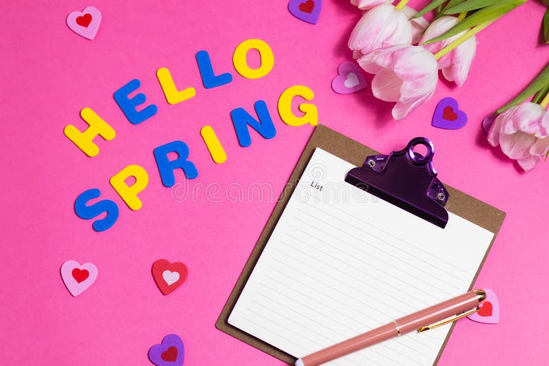 Composition Blank Words Hello Spring Beautiful Tulip Flowers Pink ...