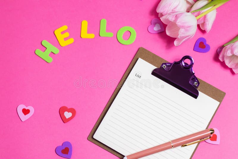 Composition Blank Word Hello Beautiful Tulip Flowers Pink Background ...