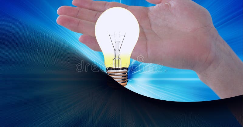 Composition of Blue Light Trails with Hand Over Lightbulb on Blue Stock ...
