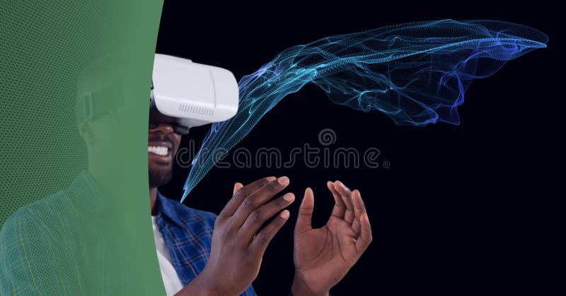 Composition of Blue Light Trails and Man Wearing Vr Headset Touching ...