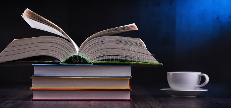 Composition with Books and Cup of Coffee on the Table Stock Image ...