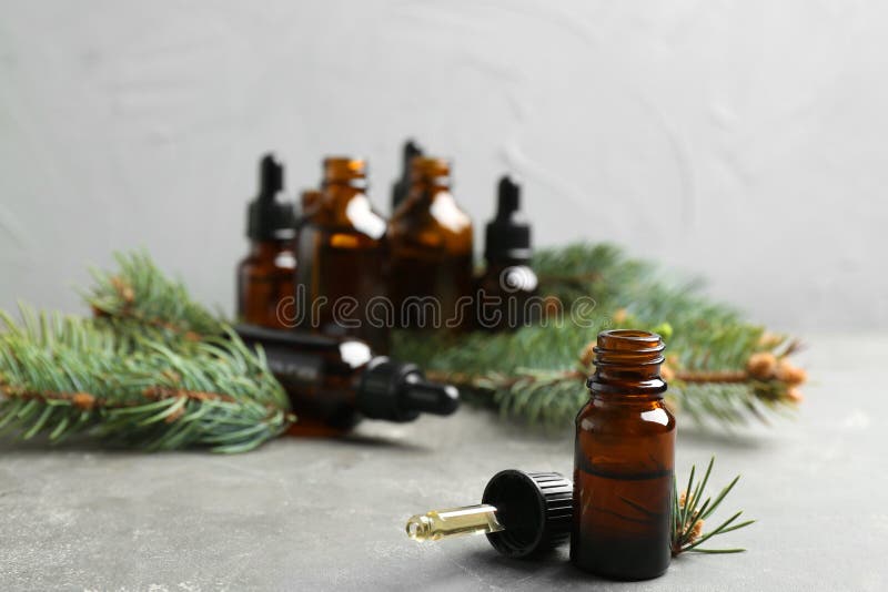 Composition with Bottle of Conifer Essential Oil on Grey Table. Space ...