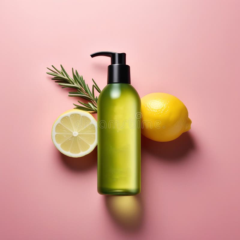 Composition with a Bottle of Cosmetics without a Label, Fresh Lemon and ...
