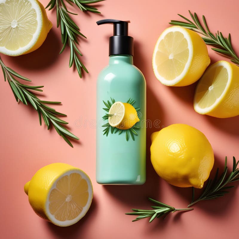Composition with a Bottle of Cosmetics without a Label, Fresh Lemon and ...