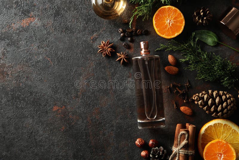 Composition with Bottle of Perfume and Ingredients Stock Photo - Image ...