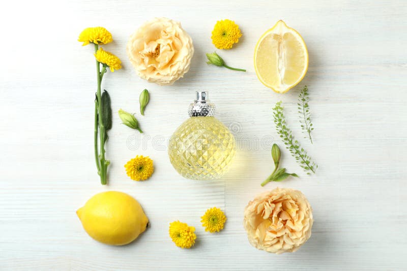 Composition with Bottle of Perfume and Ingredients Stock Image - Image ...