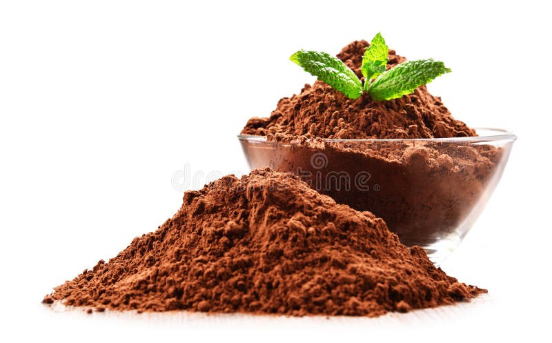 Composition with Bowl of Cocoa Powder Isolated on White Stock Photo ...