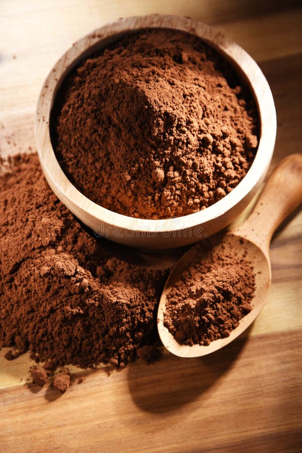 Composition with Bowl of Cocoa Powder on Wooden Table Stock Photo ...