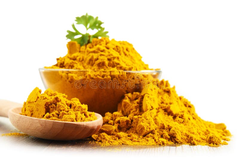 Composition with Bowl of Curry Powder Isolated on White Stock Image ...