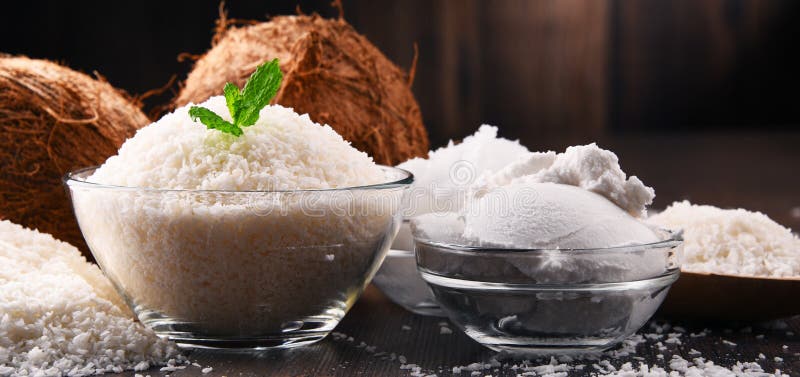 Composition with Bowl of Shredded Coconut and Shells Stock Image ...