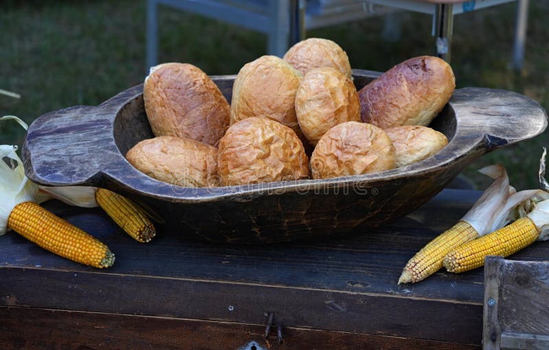 Composition of Bread Products in Old Wooden Dishes and Corn. Stock ...