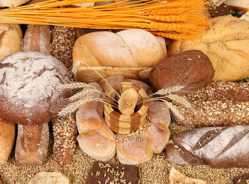 Composition of Breads and Wheat. Close Up Stock Photo - Image of crust ...