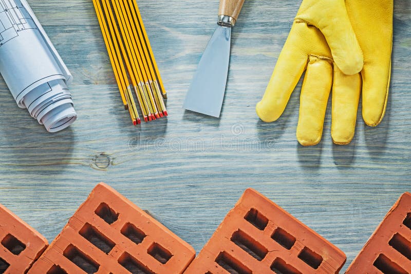 Composition of Bricklaying Tools on Wooden Board Construction Co Stock ...