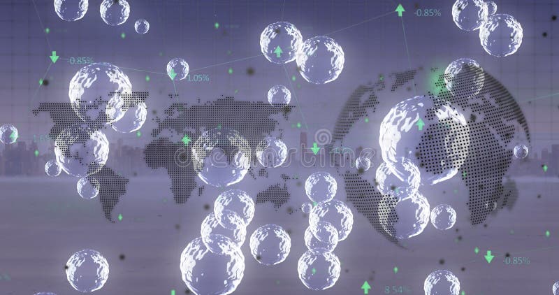 Composition of Bubbles and World Map with Globe Over Cityscape Stock ...