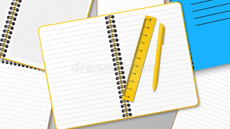 Composition with a Bunch of Notebooks and a Stack Notepad on the Table ...